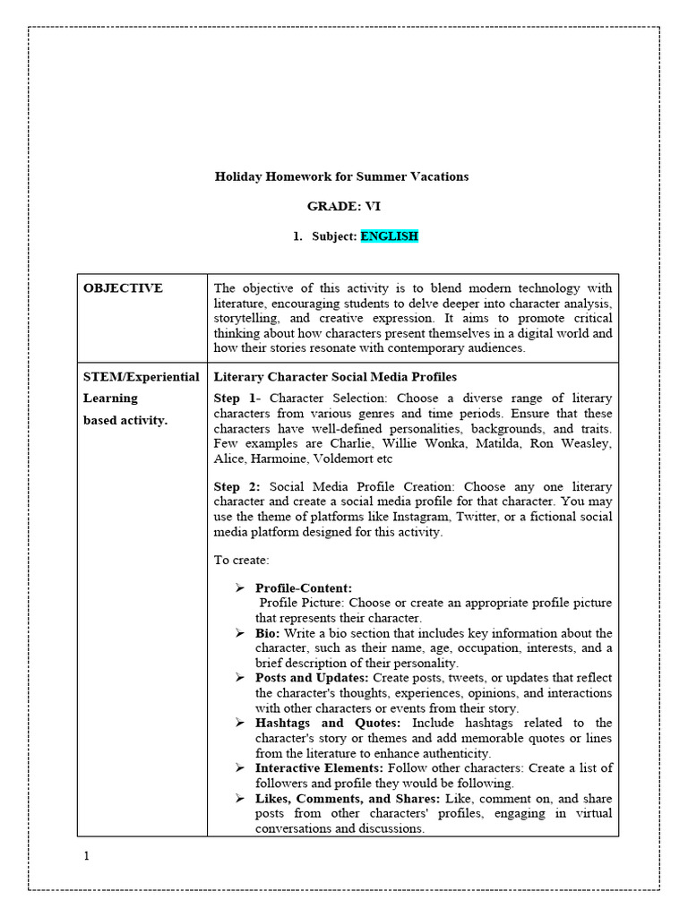 Holiday Homework Grade 6 - English | PDF | Social Media | Popular ...