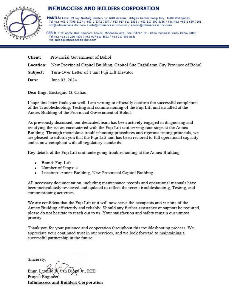 Fuji Lift Elevator Turn-Over Letter | PDF | Finance & Money Management