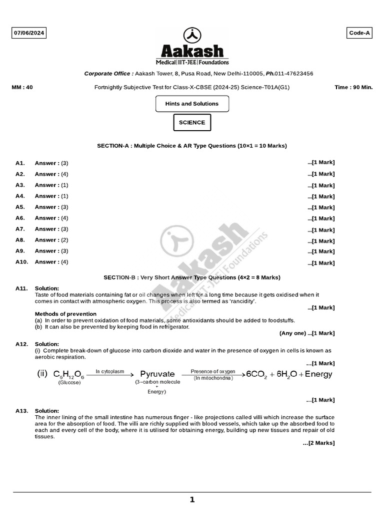 FST-1A (CBSE - G-1) Science (C-10) (07-06-2024) - SOL | PDF