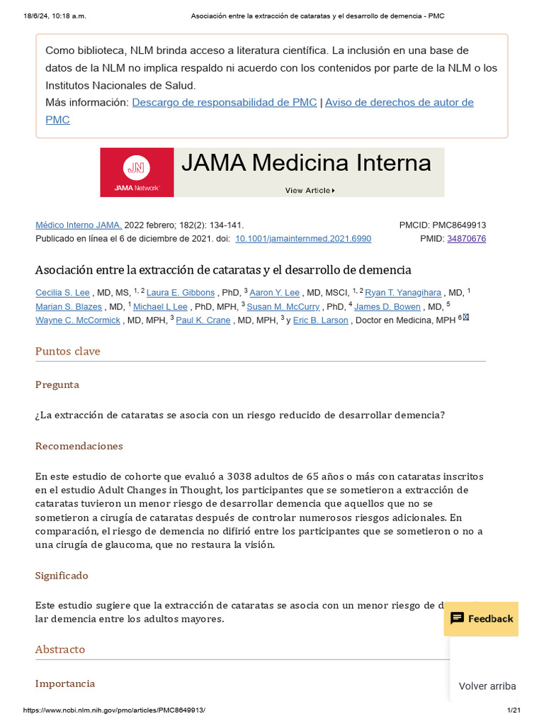 Asociación entre la extracción de cataratas y el desarrollo de demencia - PMC JAMA 2022 | PDF ...