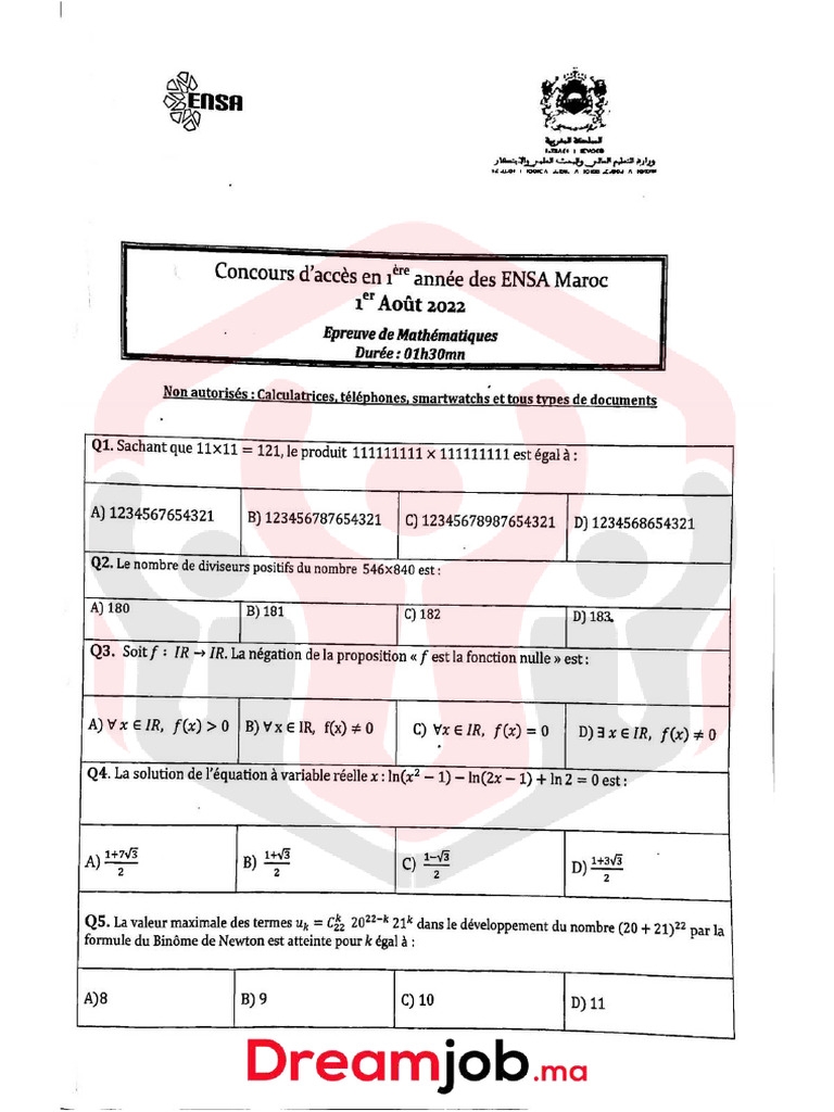 Exemple Concours ENSA Mathematiques 2022 | PDF