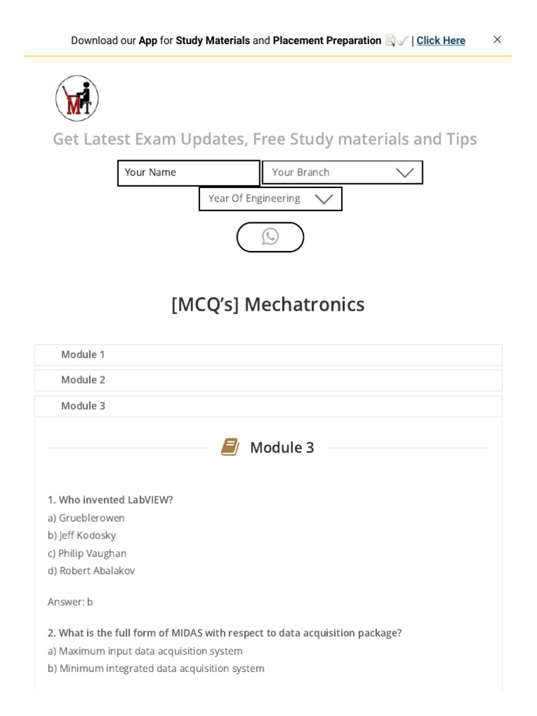 Engineering Exam Prep: Mechatronics MCQs | PDF | Filter (Signal ...