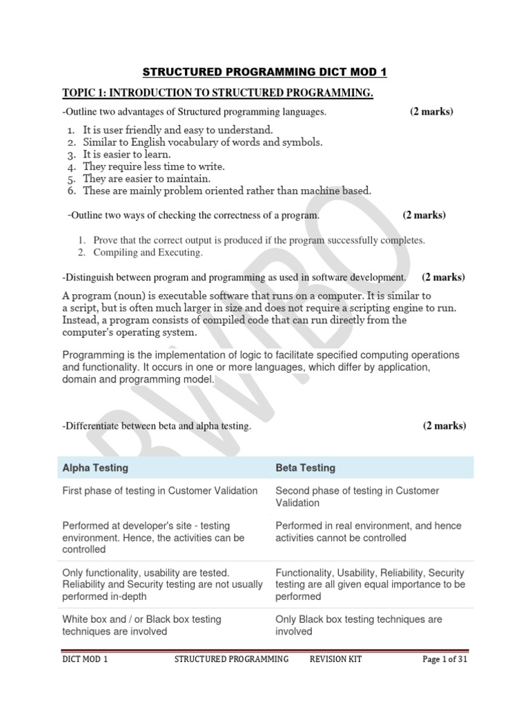 Structured Programming Revision Kit | PDF | Software Testing | Programming Structured Programming Revision Kit | PDF | Software Testing | Programming