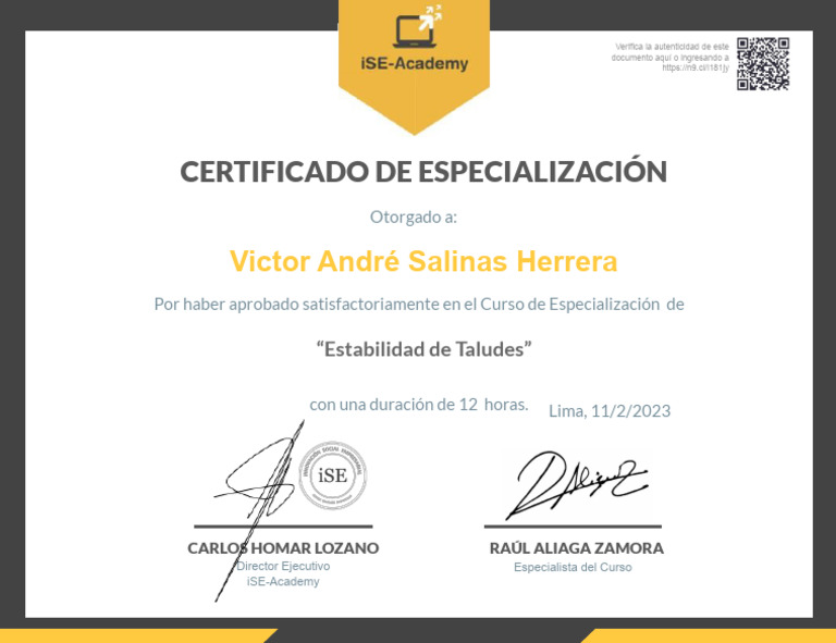 Certificate For Victor Andr - Salinas Herrera For - Evaluaci - N Final Estabilida... | PDF
