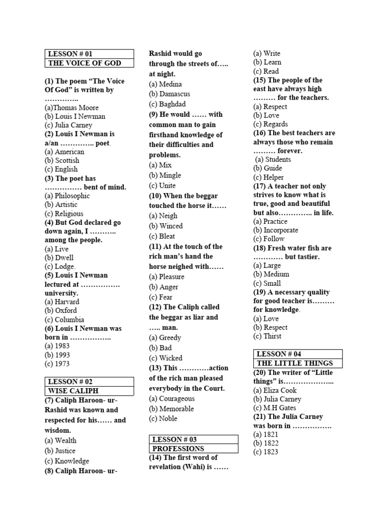 100 Mcqs For English Tenth Class Sindh Board | PDF | Young Adult