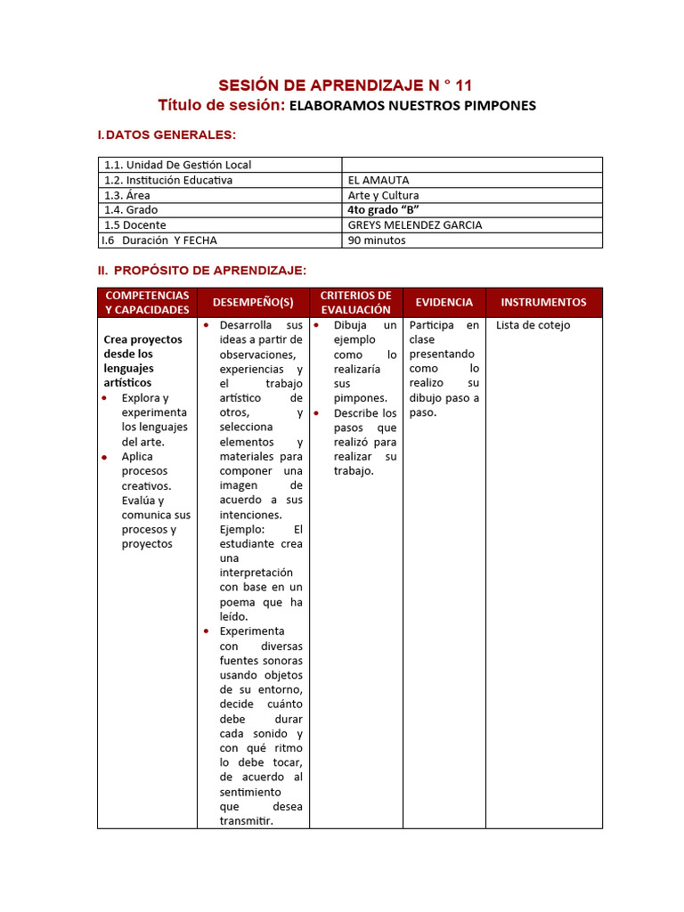Sesion de Arte Los Pimpones | PDF | Aprendizaje | Evaluación