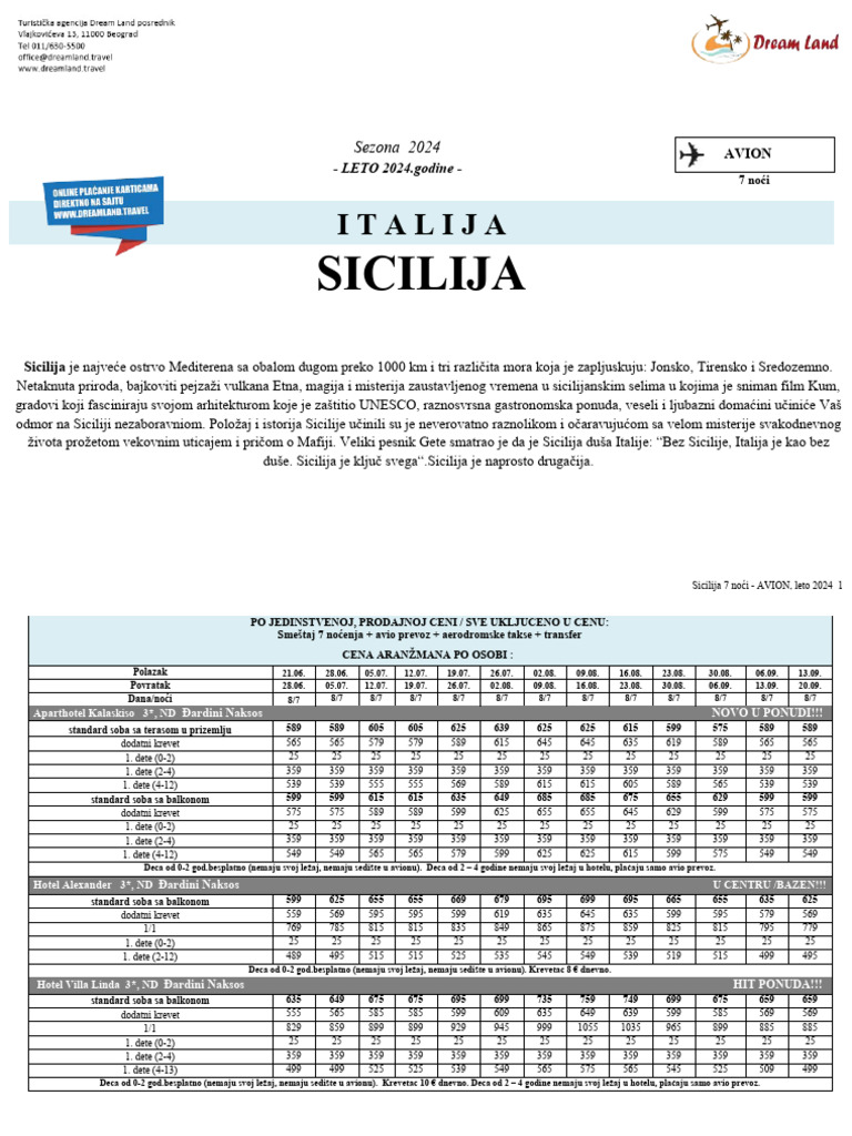 SICILIJA 7 Noci Avio Leto 2024 Cenovnik 0805vvt | PDF