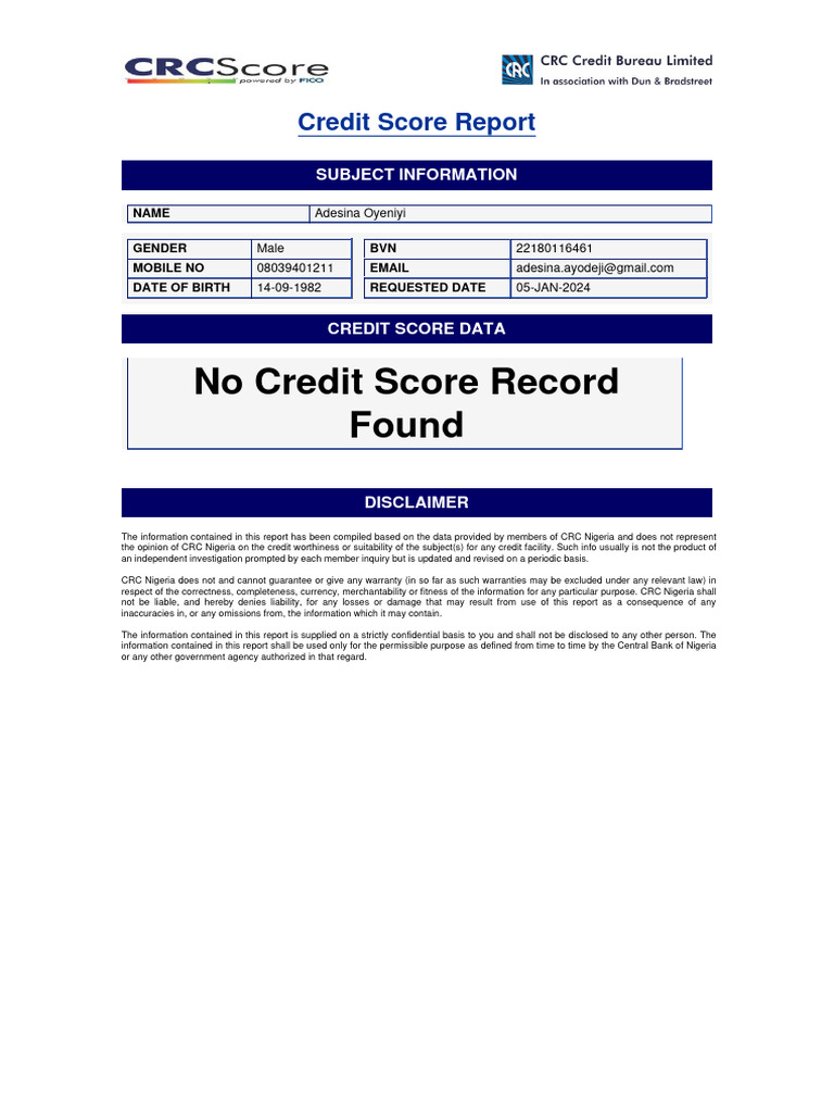 No Credit Score Record Found | PDF