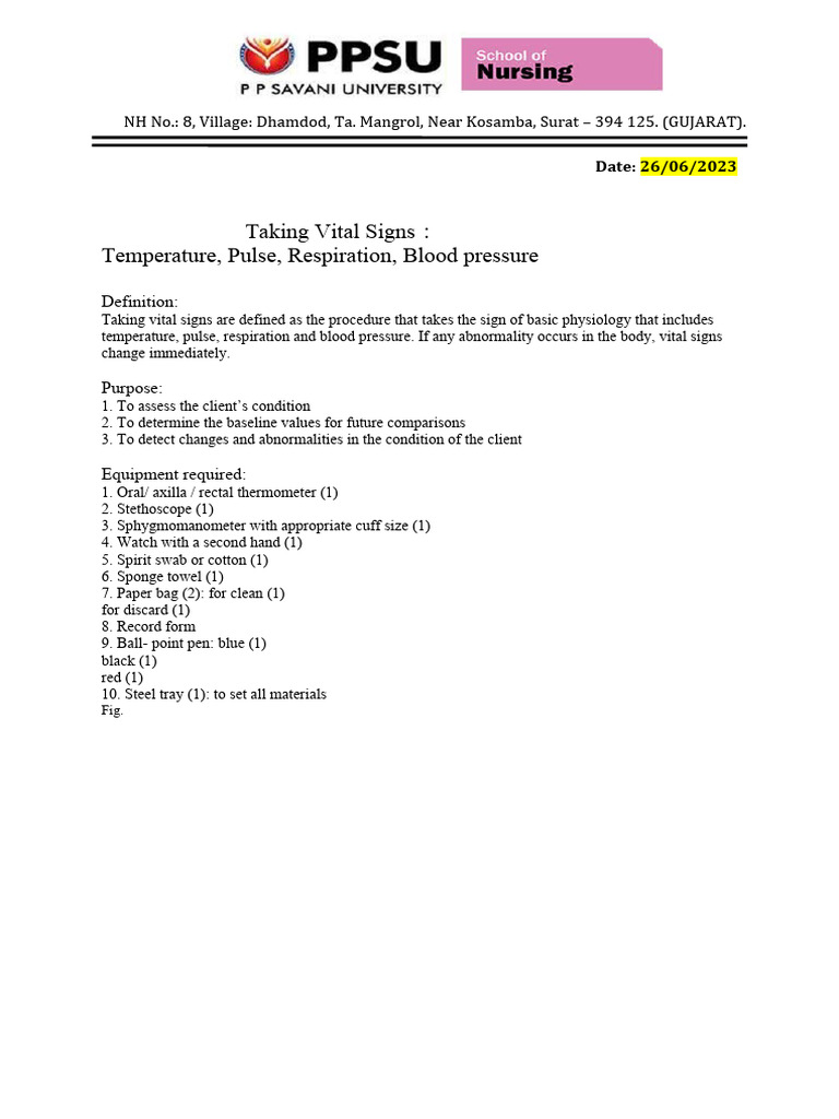 Vital Signs Assessment Procedure | PDF | Pulse | Blood Pressure