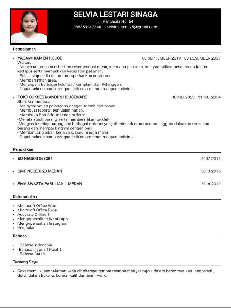 CV - Selvia Lestari Sinaga | PDF