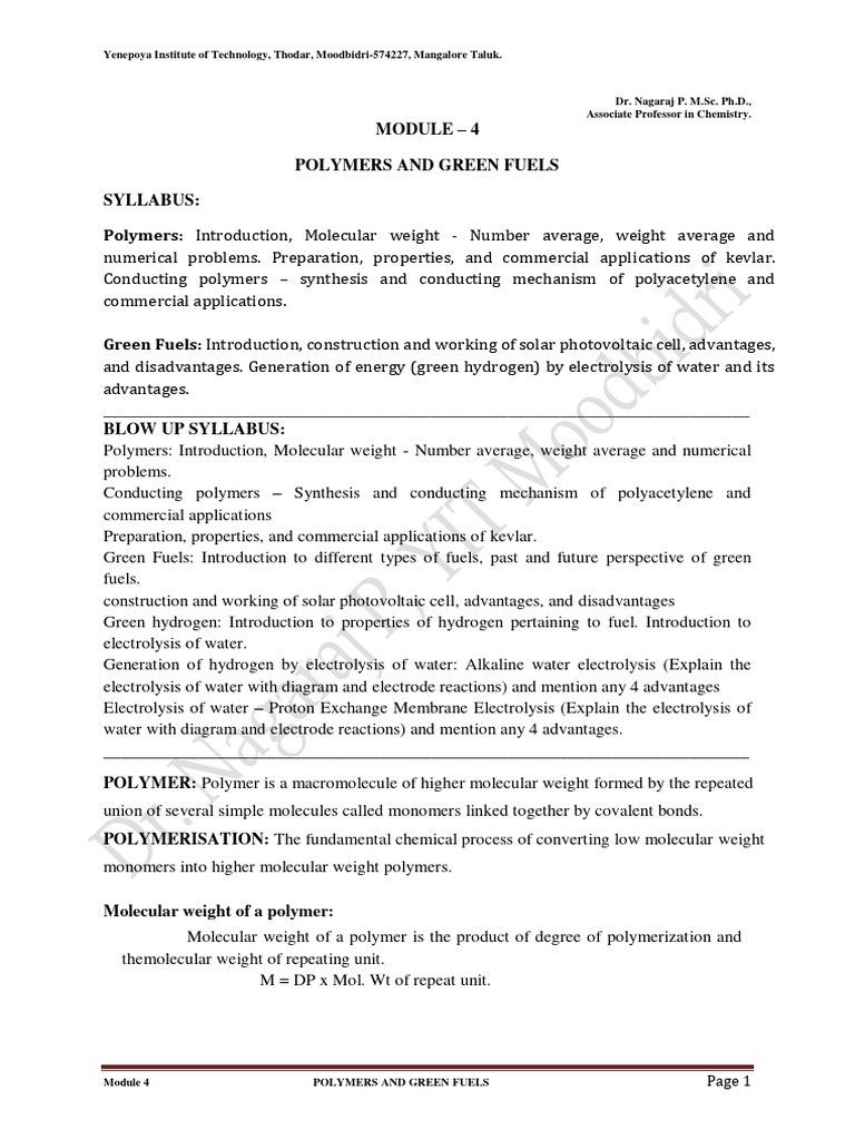 Module 4 Polymers and Green Fuels | PDF | Photovoltaics | Polymers
