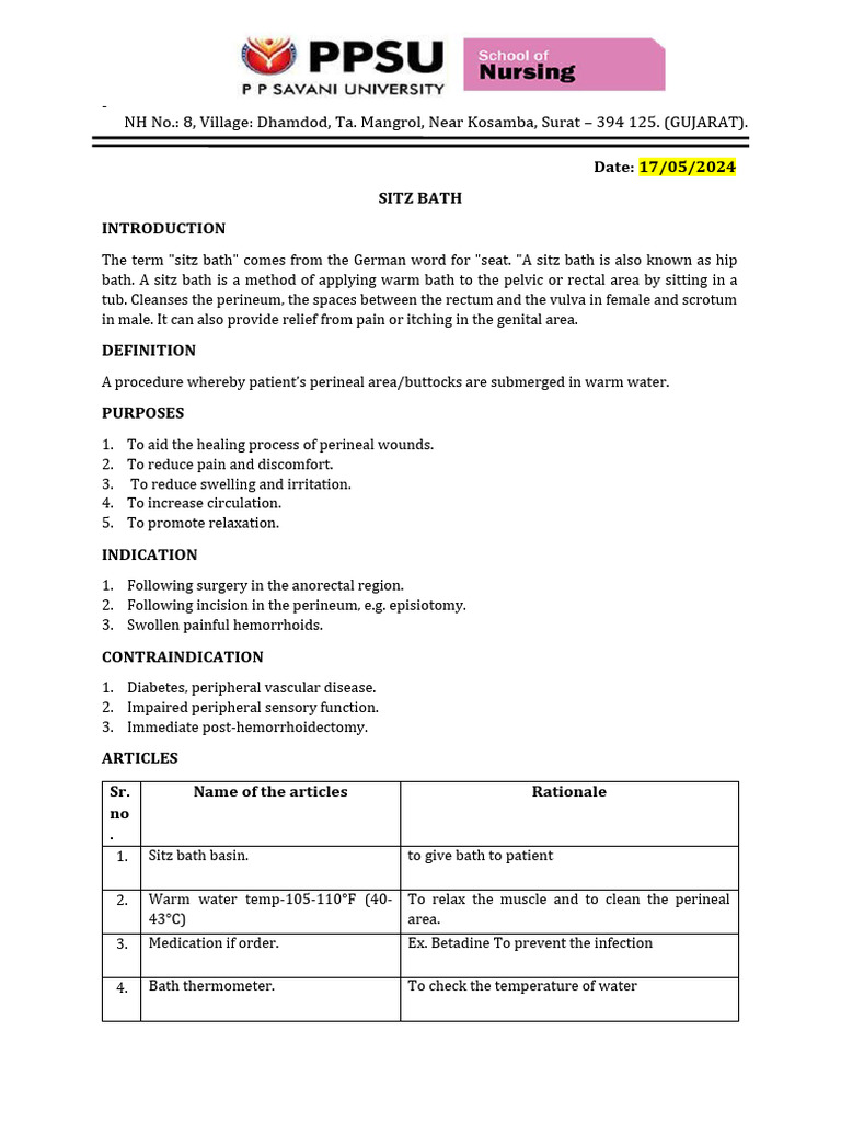 Sitz Bath Procedure | PDF | Rectum | Medical Specialties