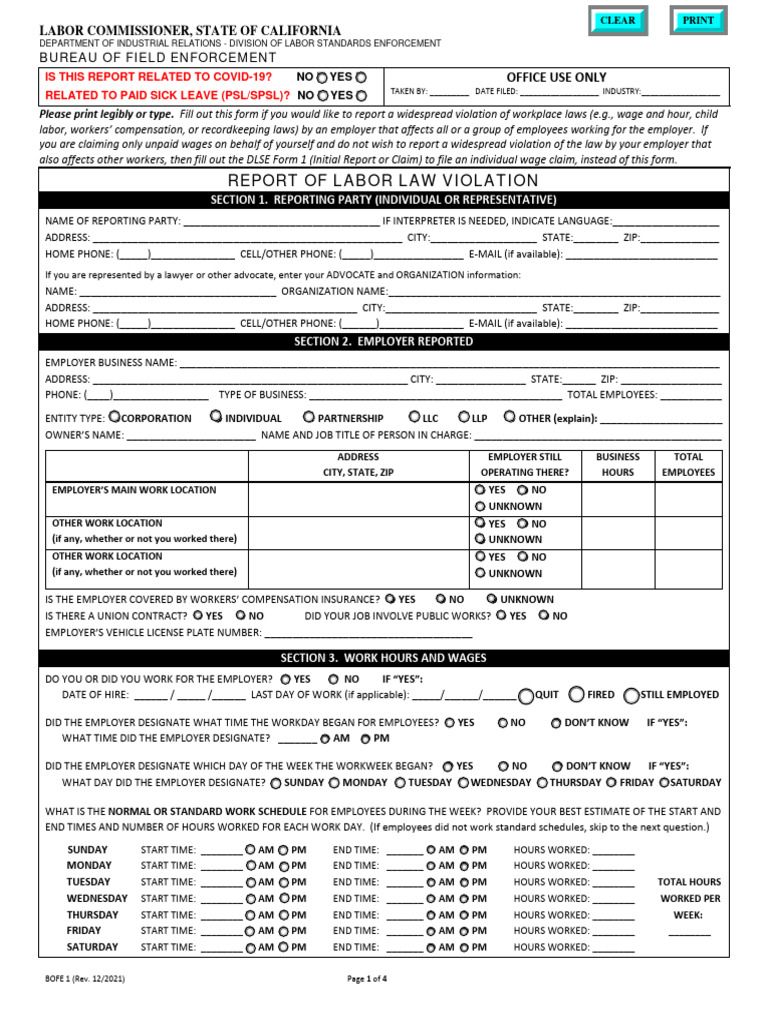 Report Workplace Law Violations Form | PDF | Employment | Overtime