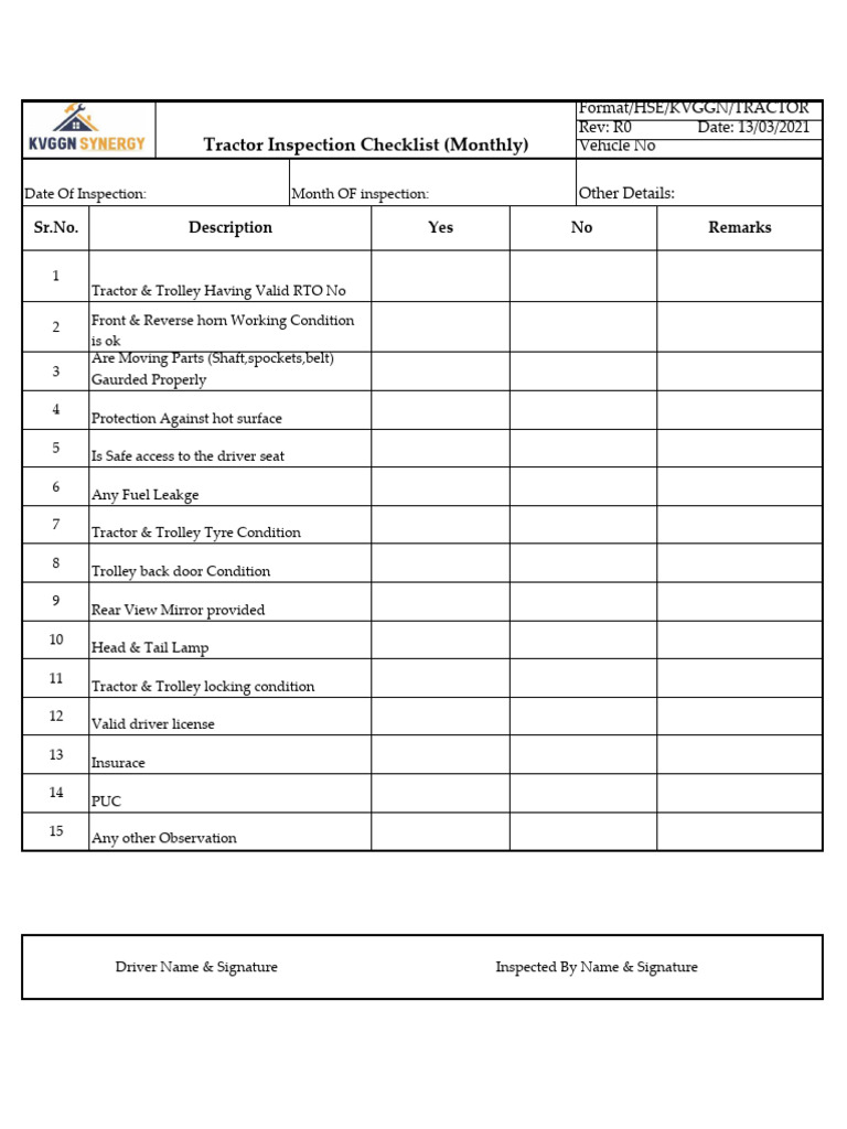 Tractor Inspection Checklist - KVGGN | PDF | Technology & Engineering