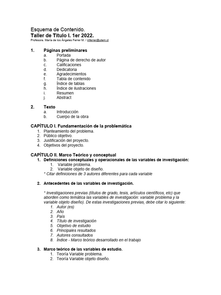 CAPITULO I - Esquema de Contenido - Taller de Titulo I - II - 2022 | PDF | Diseño