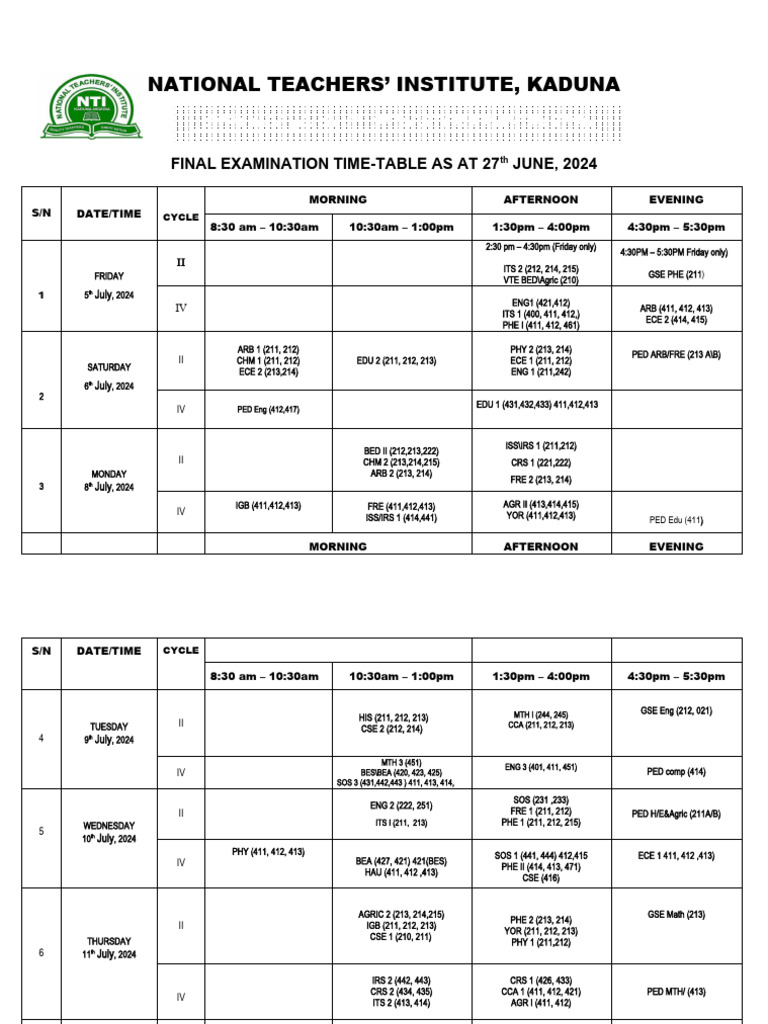 2024 NCE 1st sem Final Time table | PDF