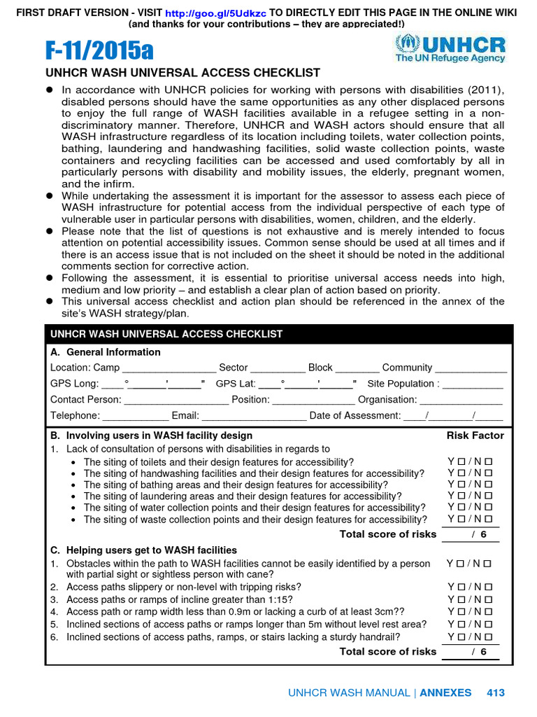 F-101 UNHCR WASH Universal Access Checklist (UNHCR, 2015) | PDF ...