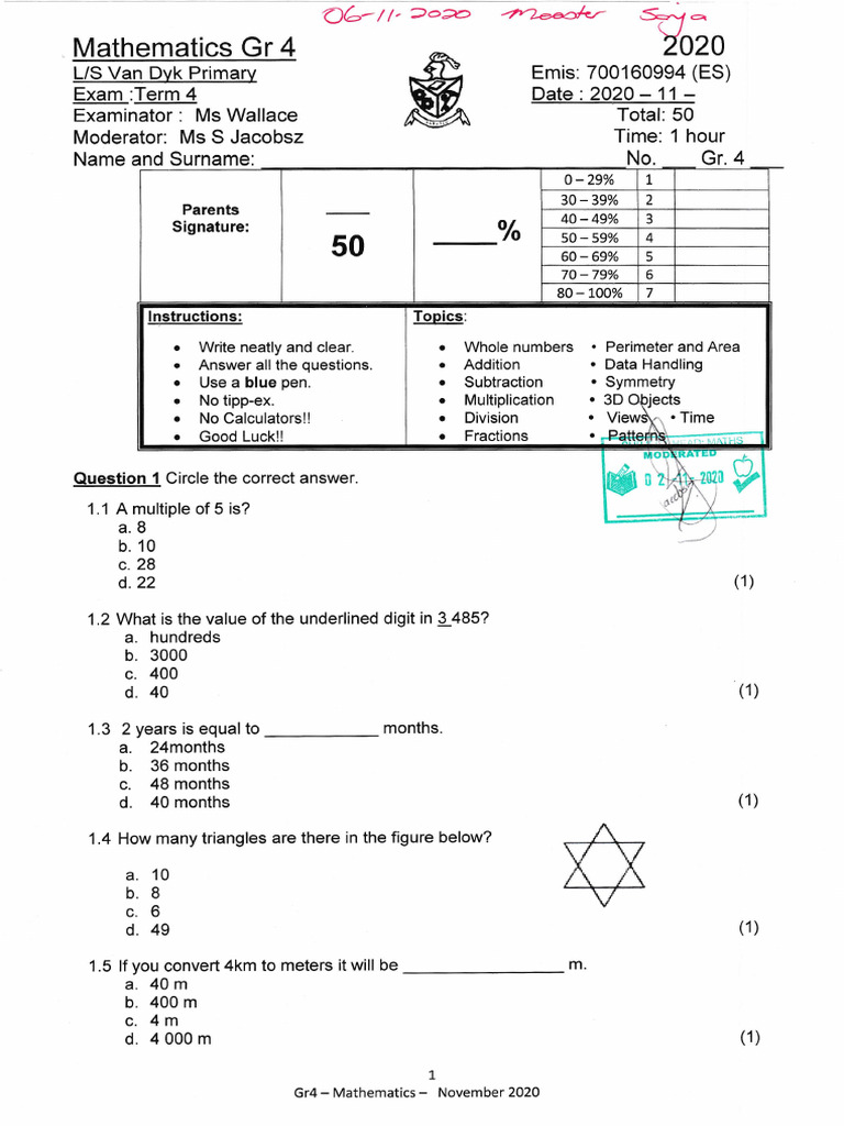 2020 November Exam Paper GR4 Maths | PDF | Area | Geometry