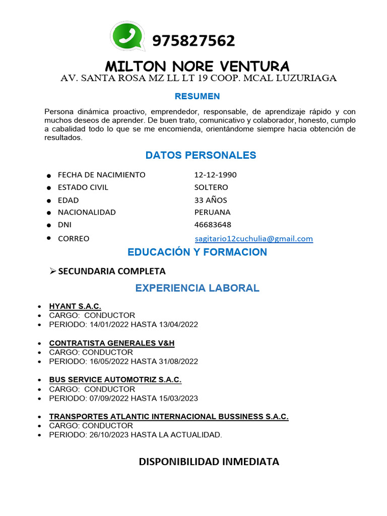 CV Milton Nore Ventura | PDF | Documento de identidad | Información