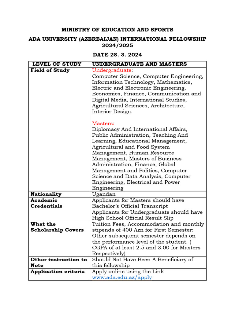 2024/2025 Ada University Fellowship | PDF | Undergraduate Education ...
