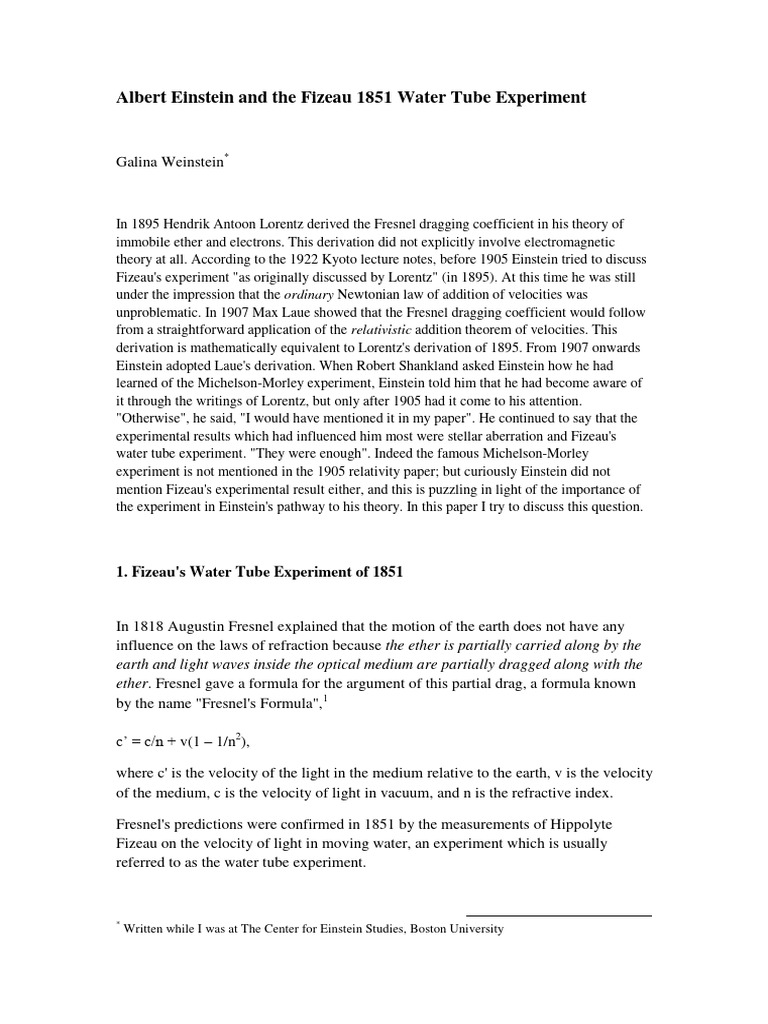 Albert Einstein and The Fizeau 1851 Water Tube Experiment | PDF ...