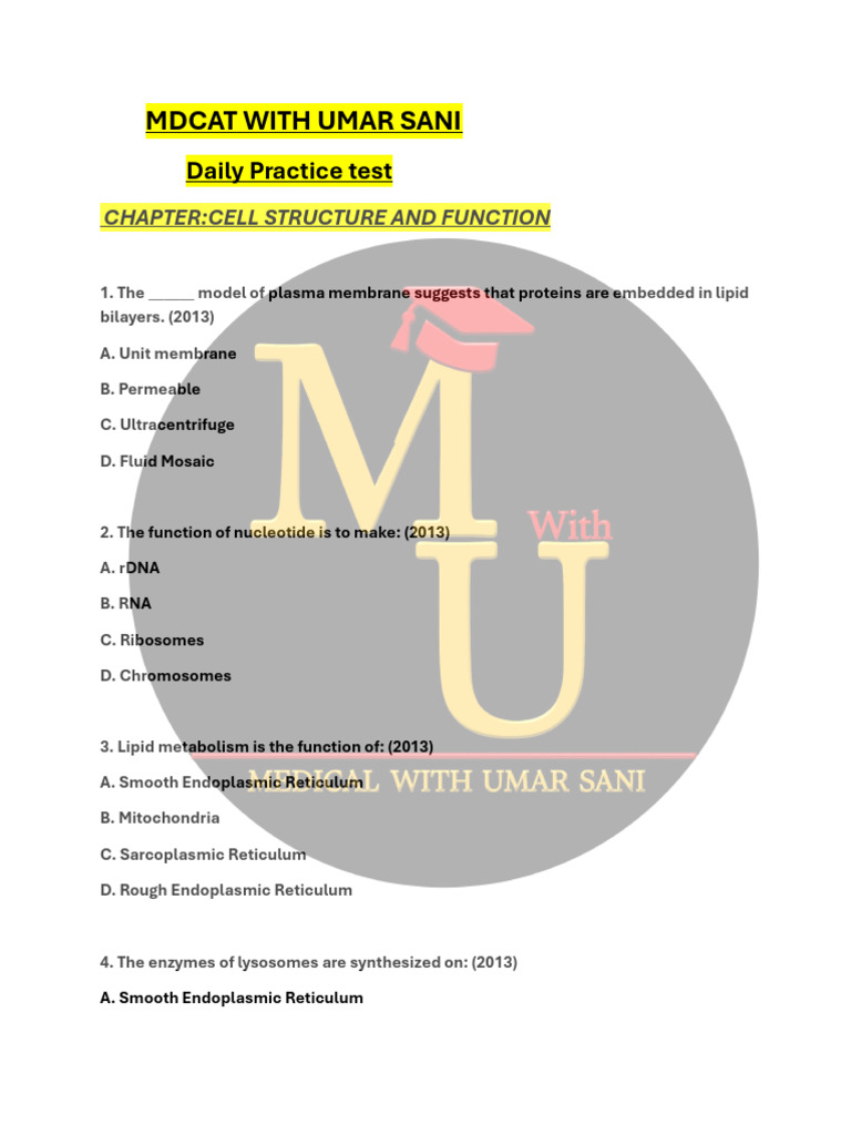 Cell Structure and Function Practice MCQS' With You | PDF | Cell ...