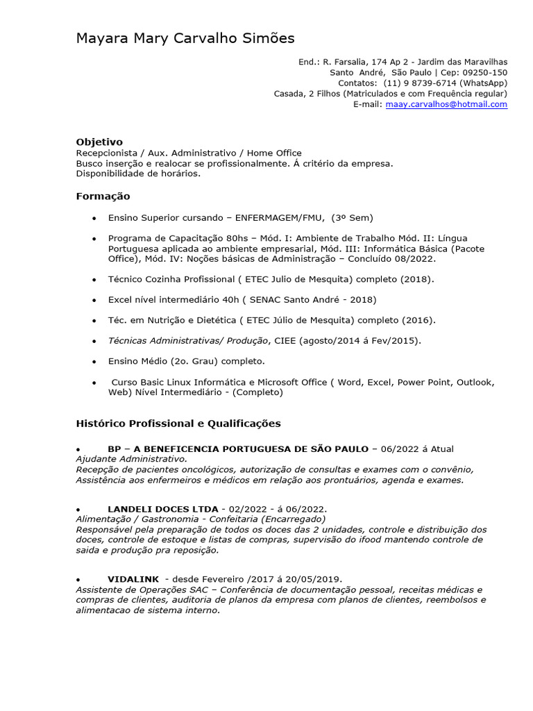 CV - Mayara Mary Carvalho Simoes | PDF