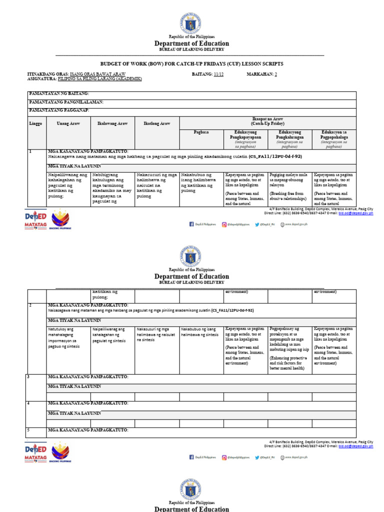 Week 1 Week 2 2nd Quarter Template Budget of Work Bow Cuf q1 ...