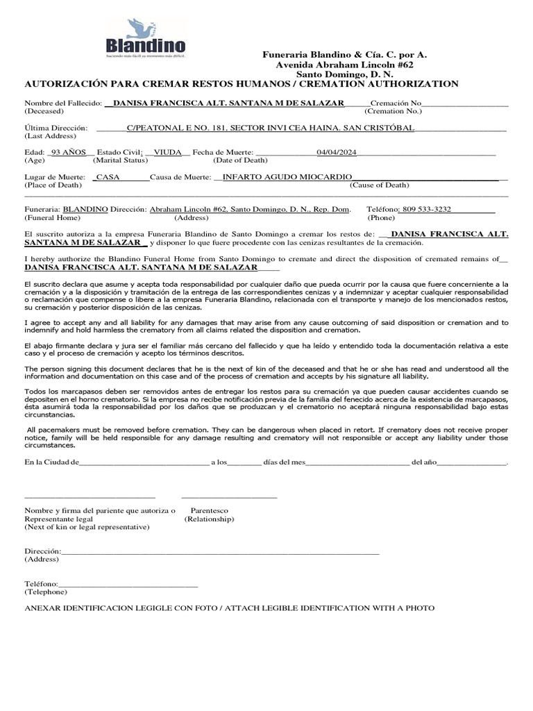 Autorizacion de Cremacion - Danisa Francisca Alt. Santana M de Salazar ...