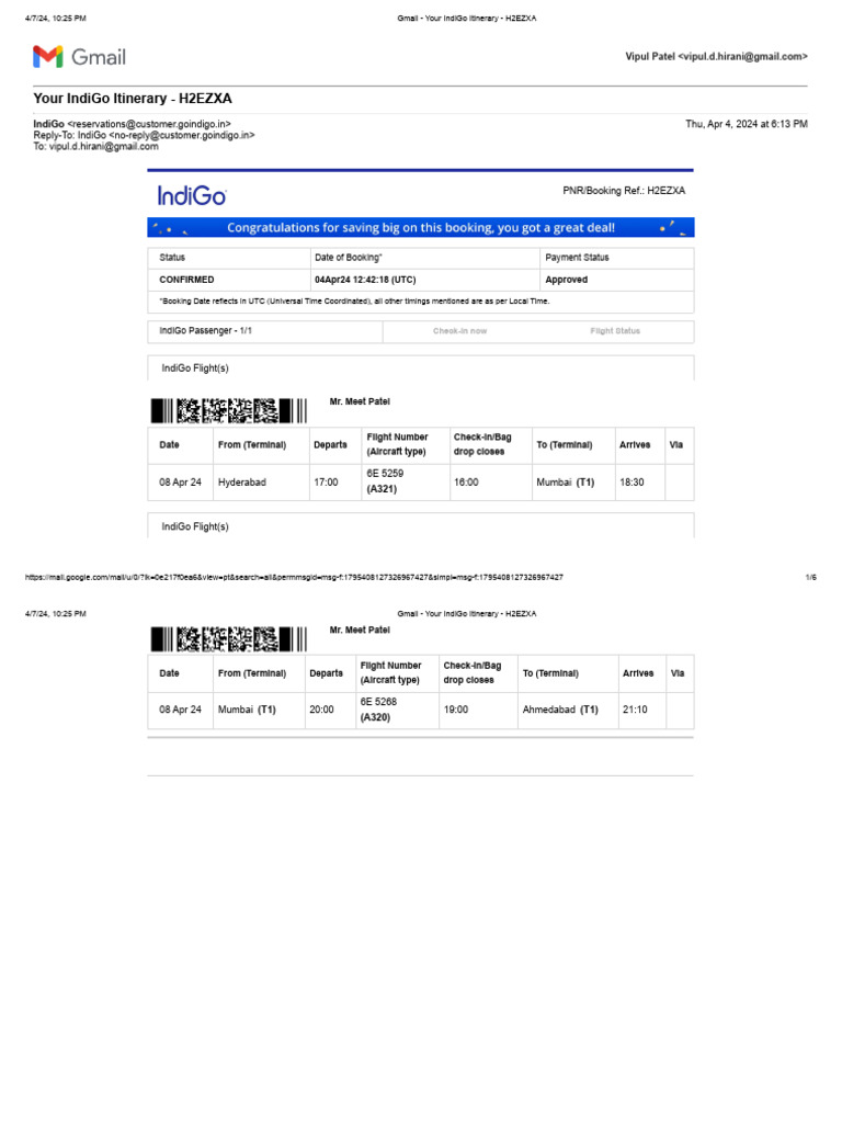 Gmail - Your IndiGo Itinerary - H2EZXA | PDF | Aviation | Civil Aircraft