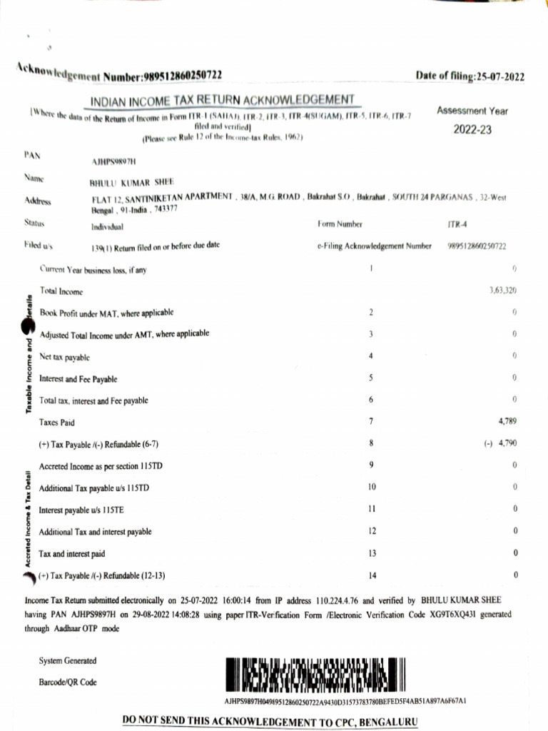 Indian Income Tax Return ITR-4 Acknowledgement | PDF | Financial ...