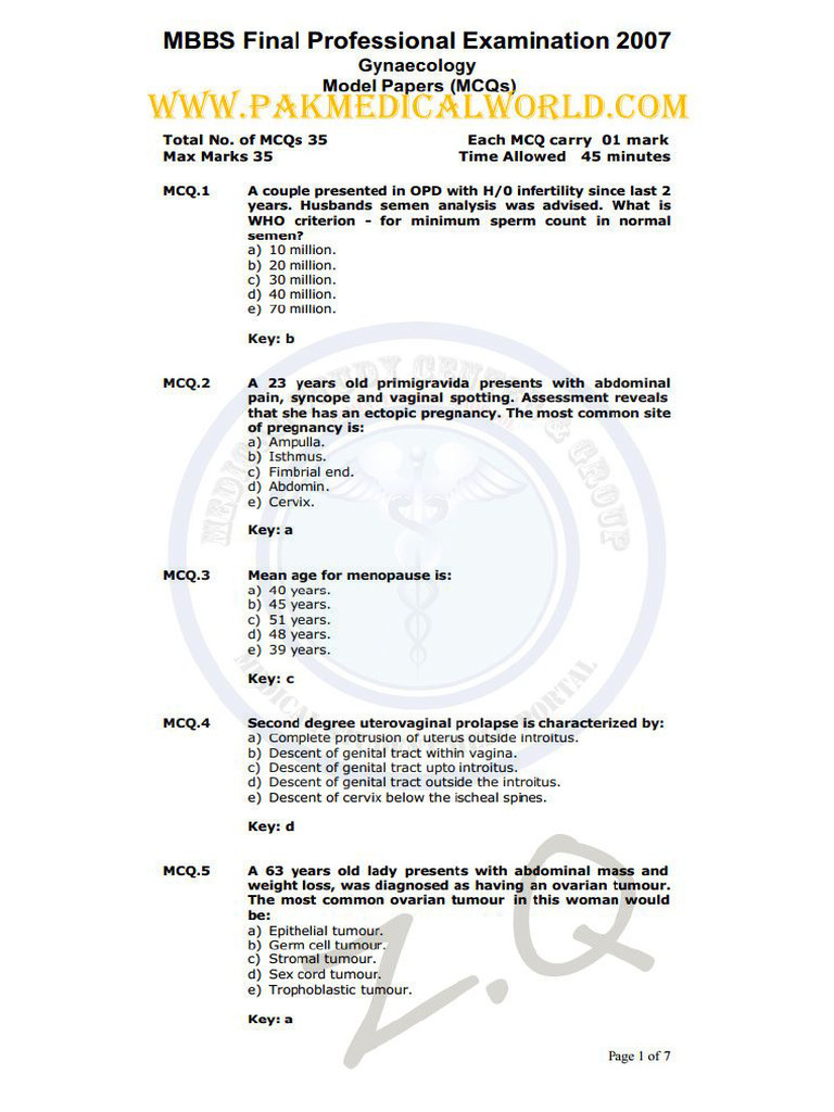Final Year MBBS UHS Model Paper Gynaecology MCQs (2007 & 2009) by ...