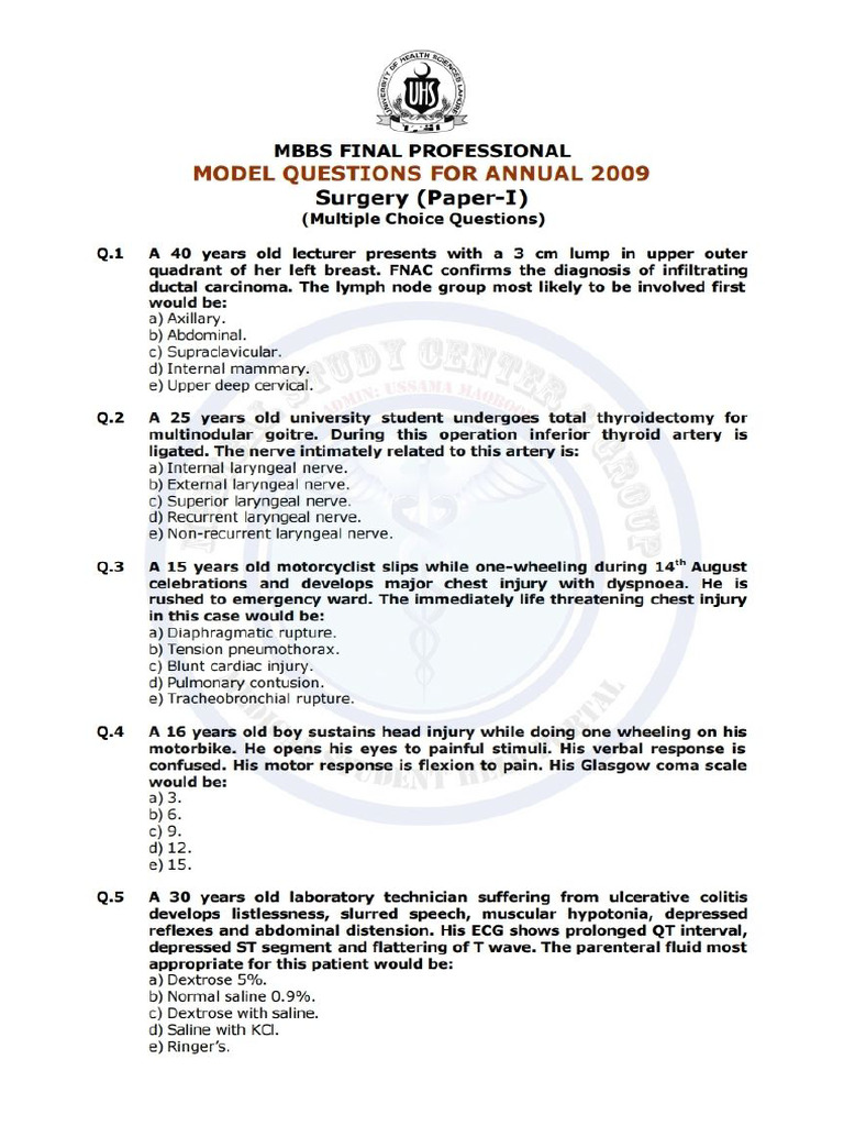Final Year MBBS UHS Model Paper Surgery-1 MCQs (2007 & 2009) by Medical ...