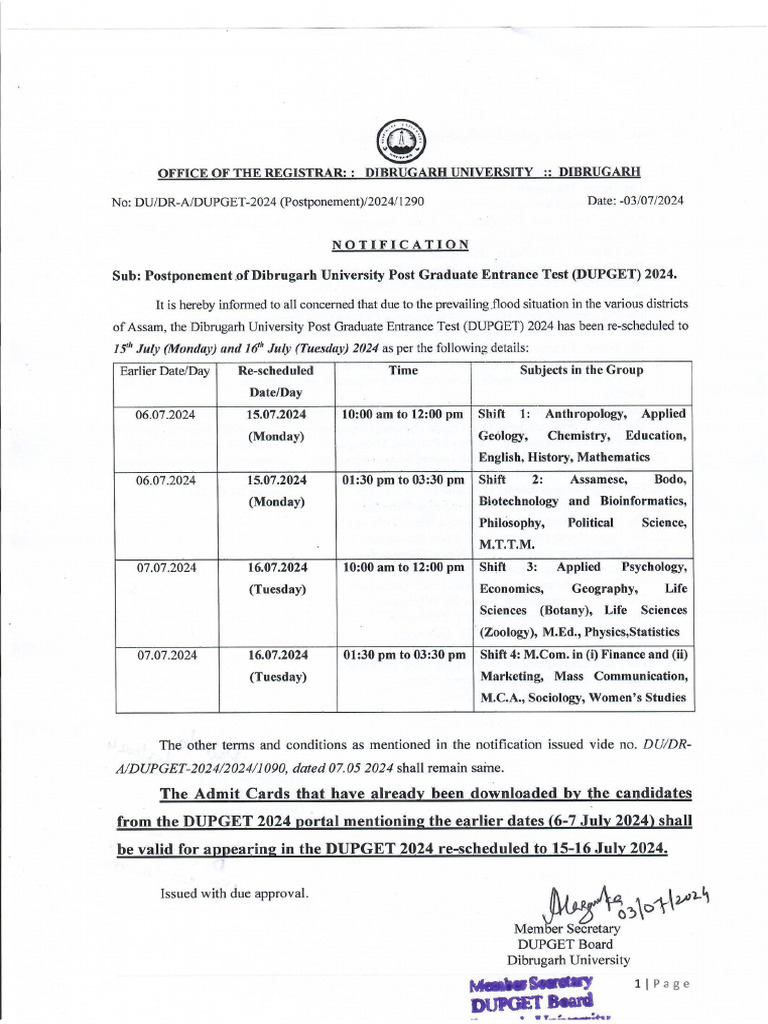 Postponement of DUPGET 2024 | PDF