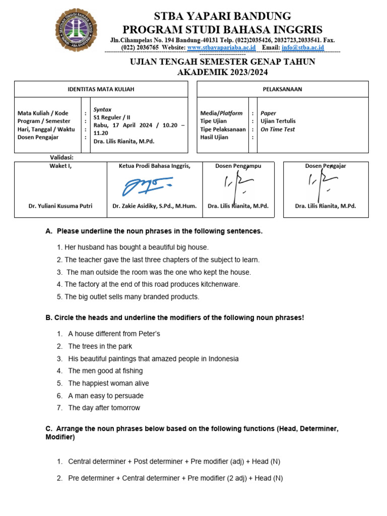 STBA YAPARI Bandung English Program Exam Guide | PDF | Adjective | Phrase