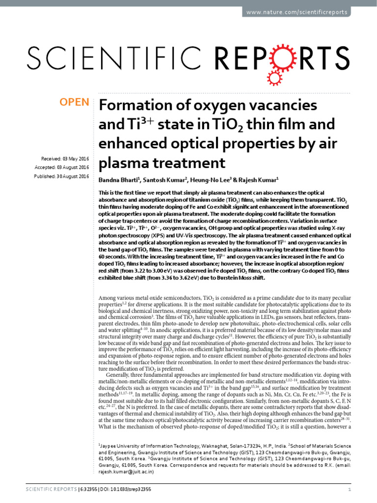 Formation of Oxygen Vacancies and Ti3+ in Titania Thin Films Via Plasma ...
