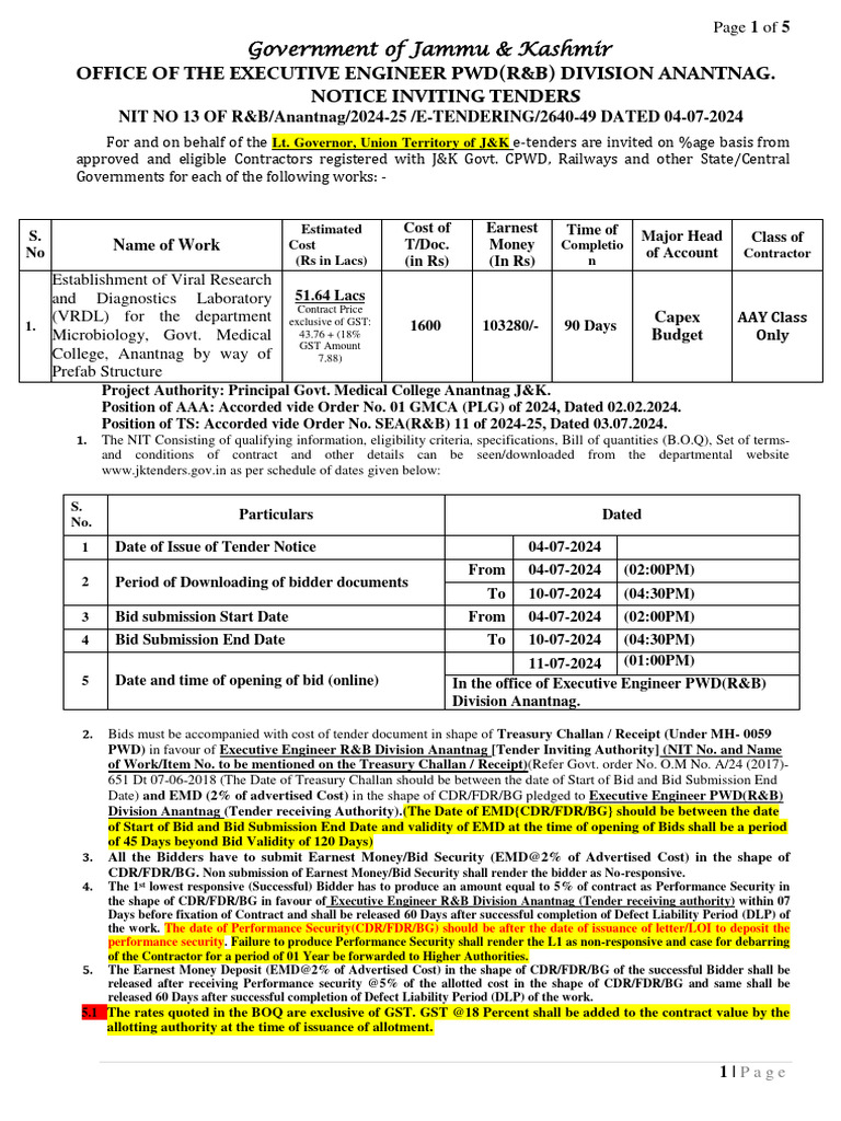 Office of The Executive Engineer PWD (R&B) Division Anantnag. Notice Inviting Tenders | PDF ...