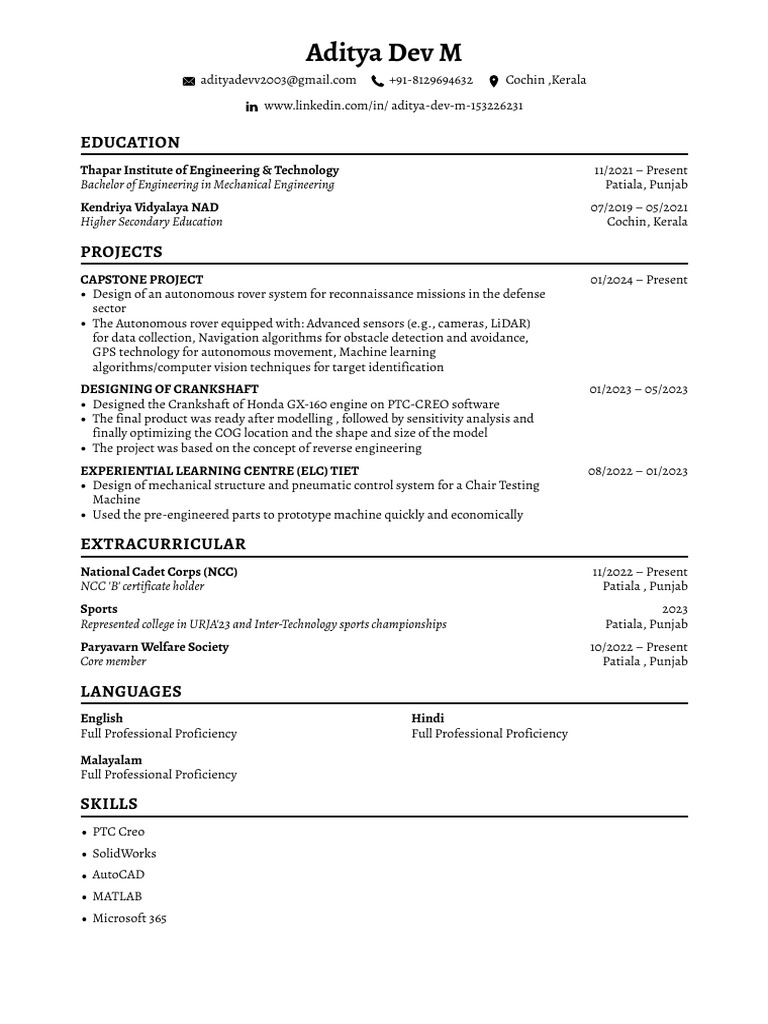 Aditya Dev M Resume 20240413 | PDF | Computer Science | Engineering