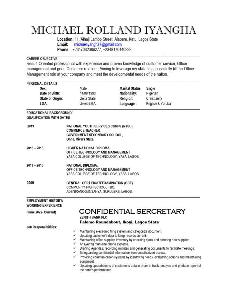 Michael Rolland Iyangha: Confidential Sercretary | PDF | Cash | Banks