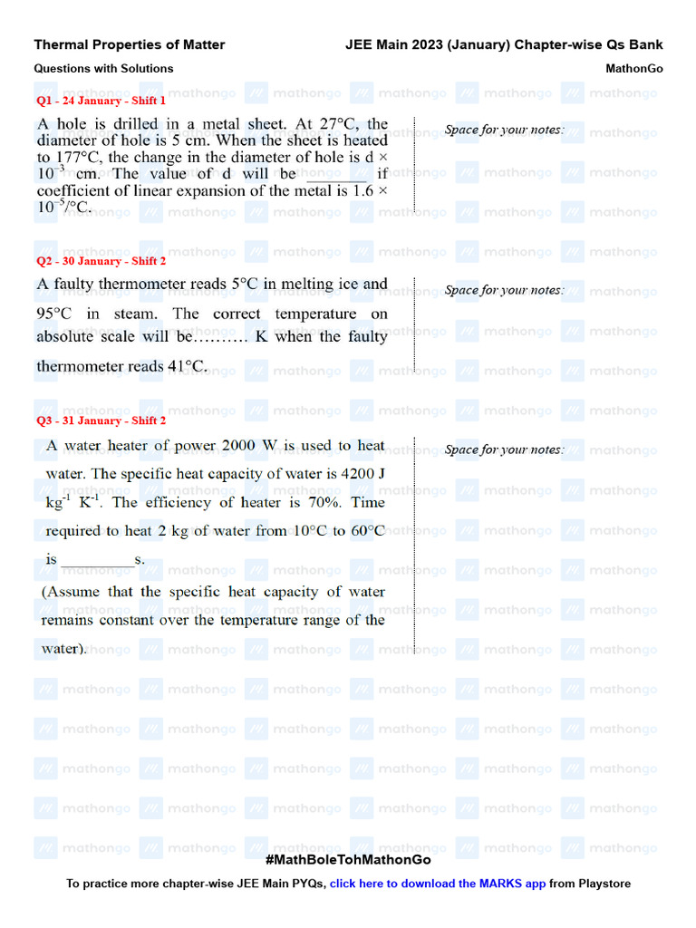 Thermal Properties of Matter - JEE Main 2023 January Chapter Wise ...