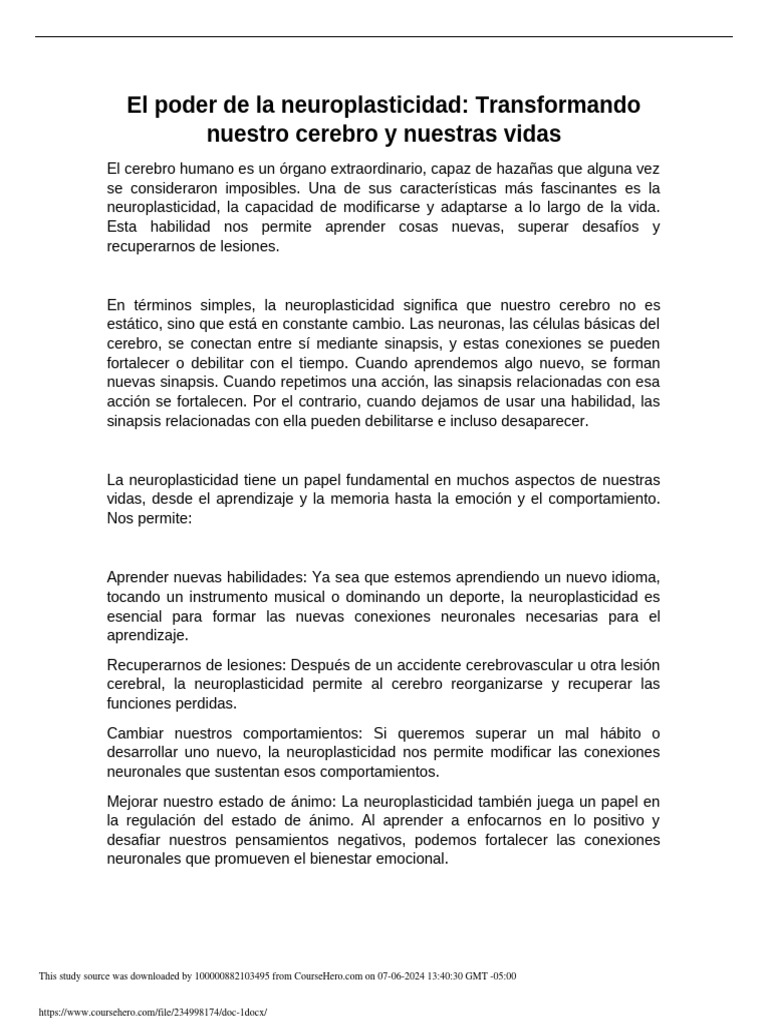 El Poder de La Neuroplasticidad: Transformando Nuestro Cerebro y ...