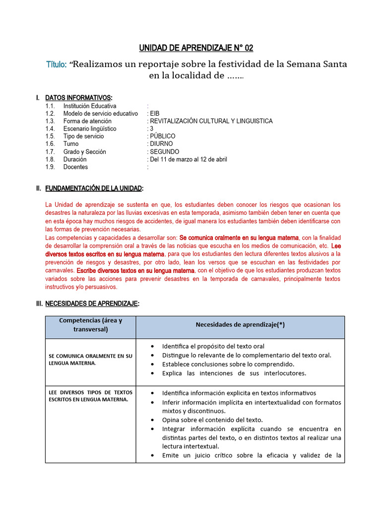 ESQUEMA DE UNIDAD DE APRENDIZAJE 2024 DREA | PDF | Evaluación | Aprendizaje