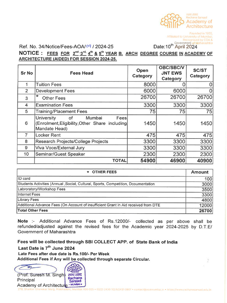 AOA 2024-25 Fess Notice - 2 To 5 Year | PDF