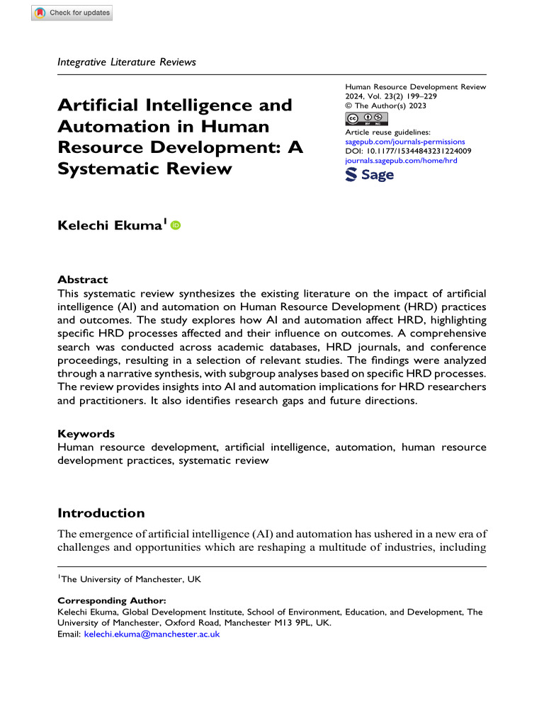 Ekuma 2023 Artificial Intelligence and Automation in Human Resource Development A Systematic ...