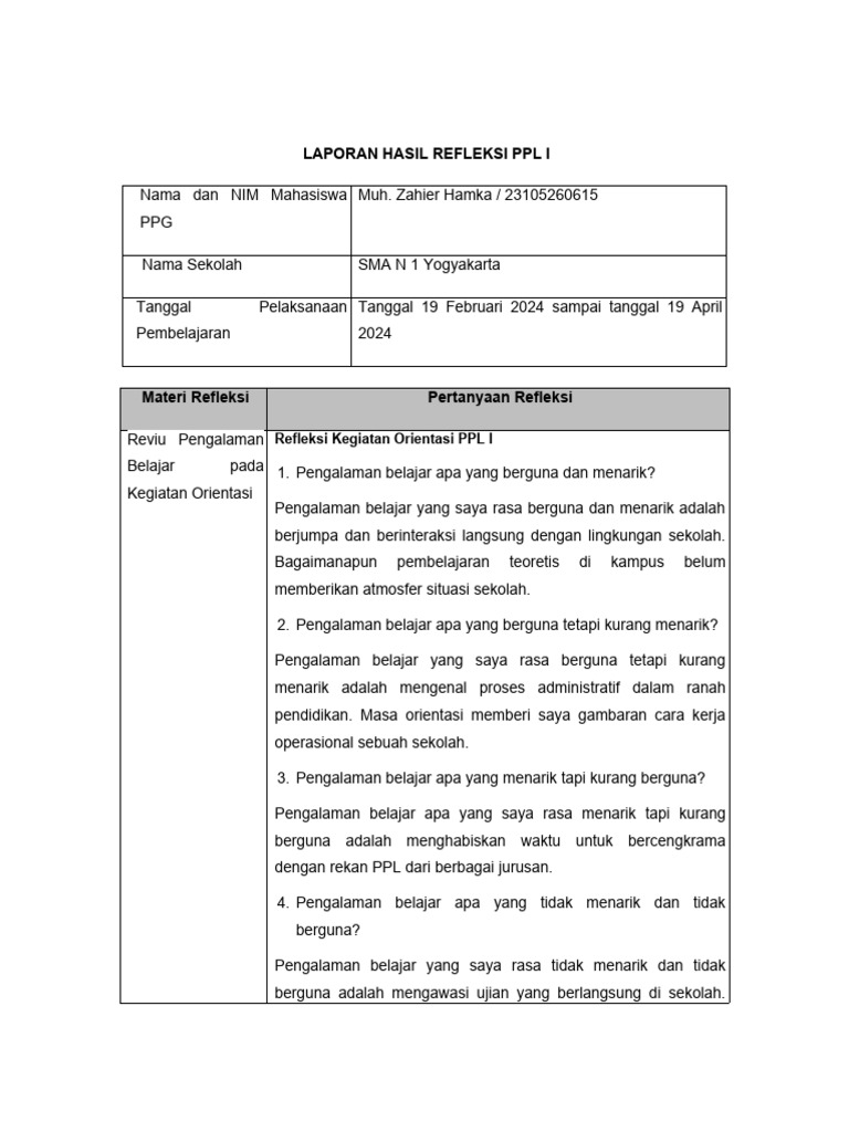 LK 6 Laporan Hasil Refleksi PPL I | PDF | Karier & Perkembangan | Pengembangan Diri