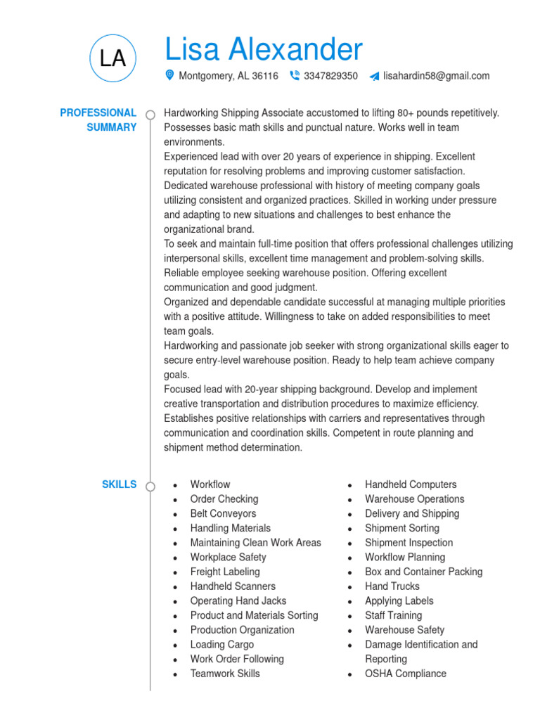Lisa Alexander Resume | PDF | Warehouse | Cargo