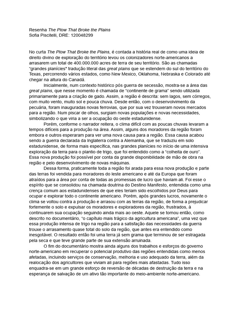 Resenha the Plow That Broke the Plains - Sofia Piscitelli | PDF | Os Estados Unidos | Agricultura