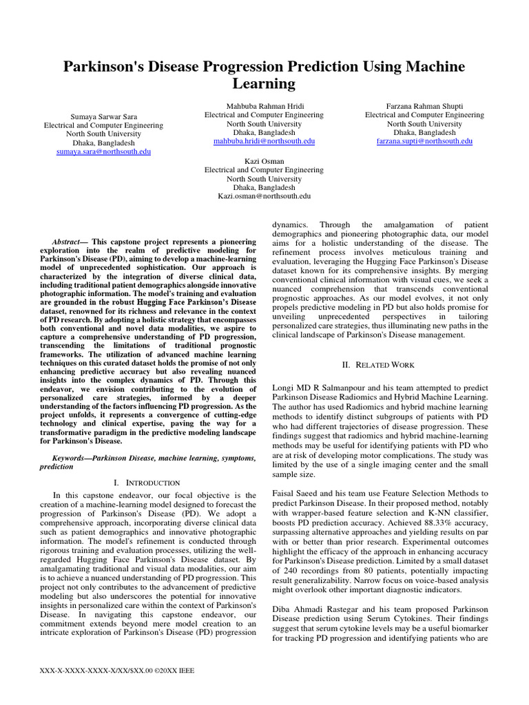 Parkinsons Disease Progression Prediction Using Machine Learning 499a Report Pdf