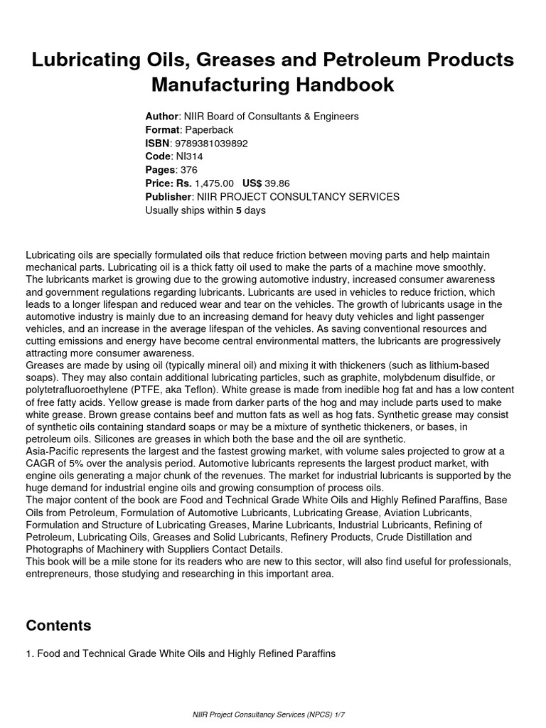 Niir Lubricating Oils Greases Petroleum Products Manufacturing Handbook | PDF | Lubricant | Oil ...