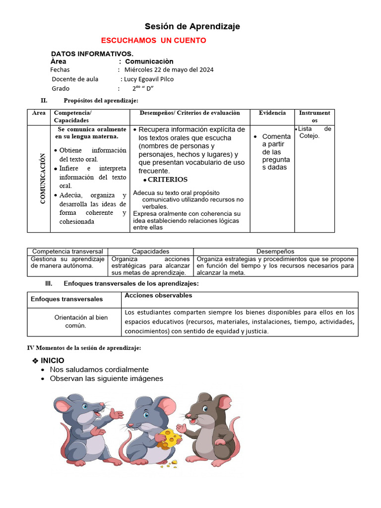 SESIÓN DE APRENDIZAJE ESCUCHAMOS UN CUENTO | PDF | Aprendizaje | Evaluación